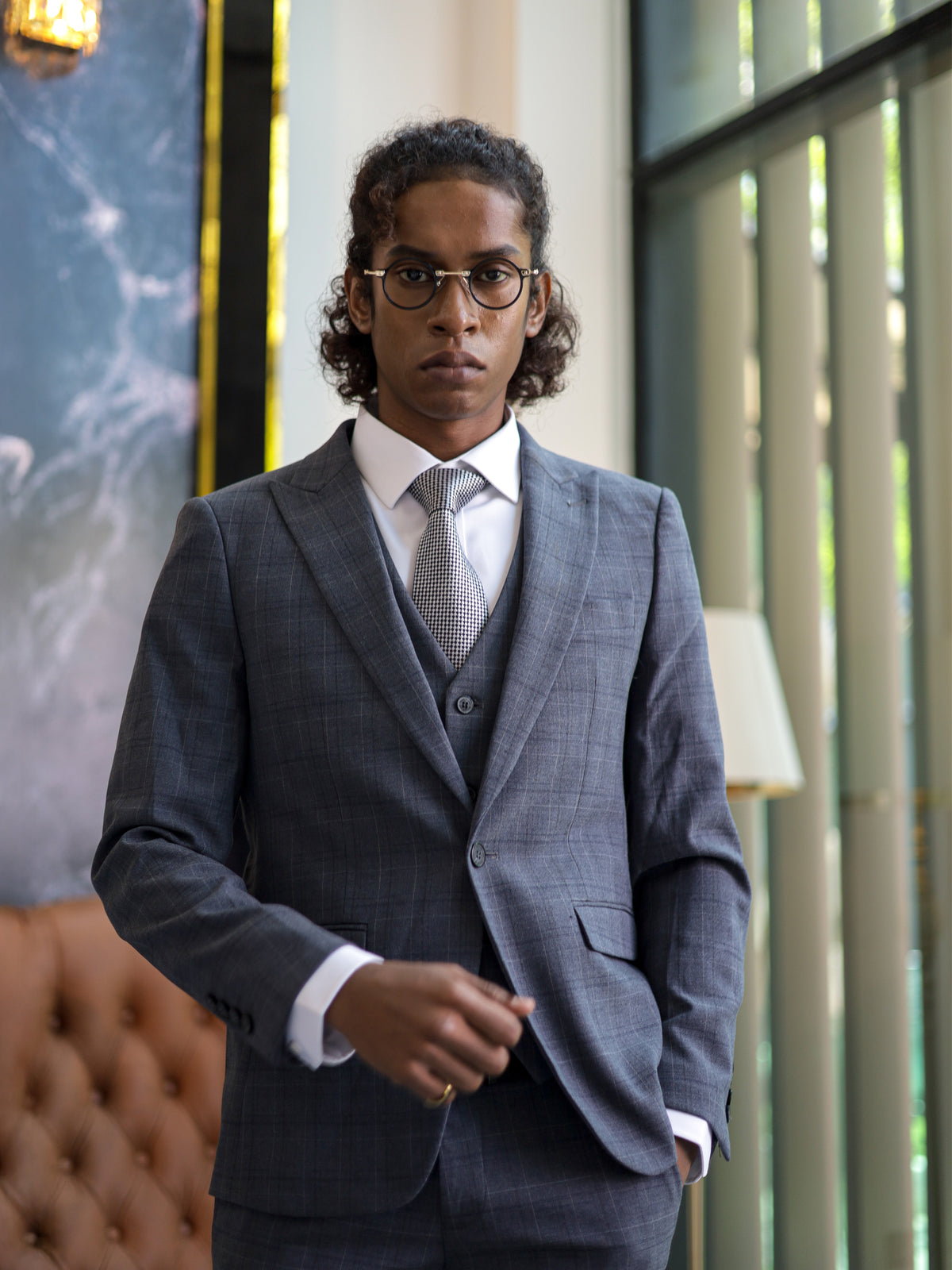 Windowpane Skinny Fit Single Button Formal Suit in Grey